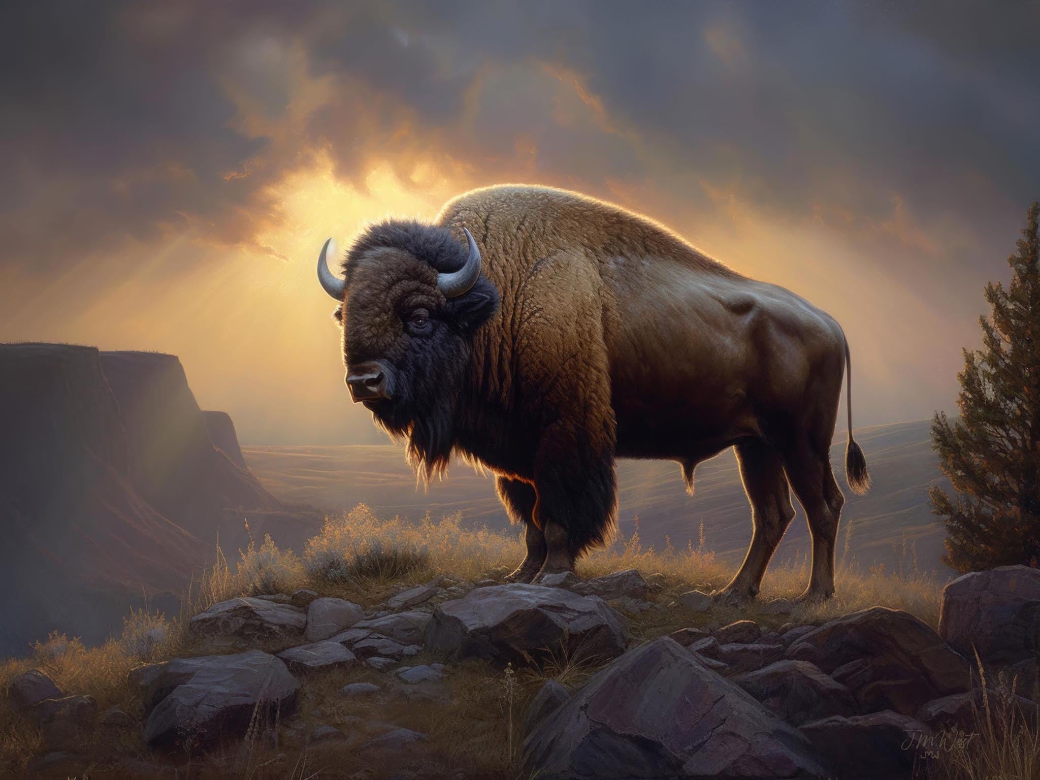 Thunder Rolls on Bison Ridge - Classic Western Wildlife Buffalo on a ...